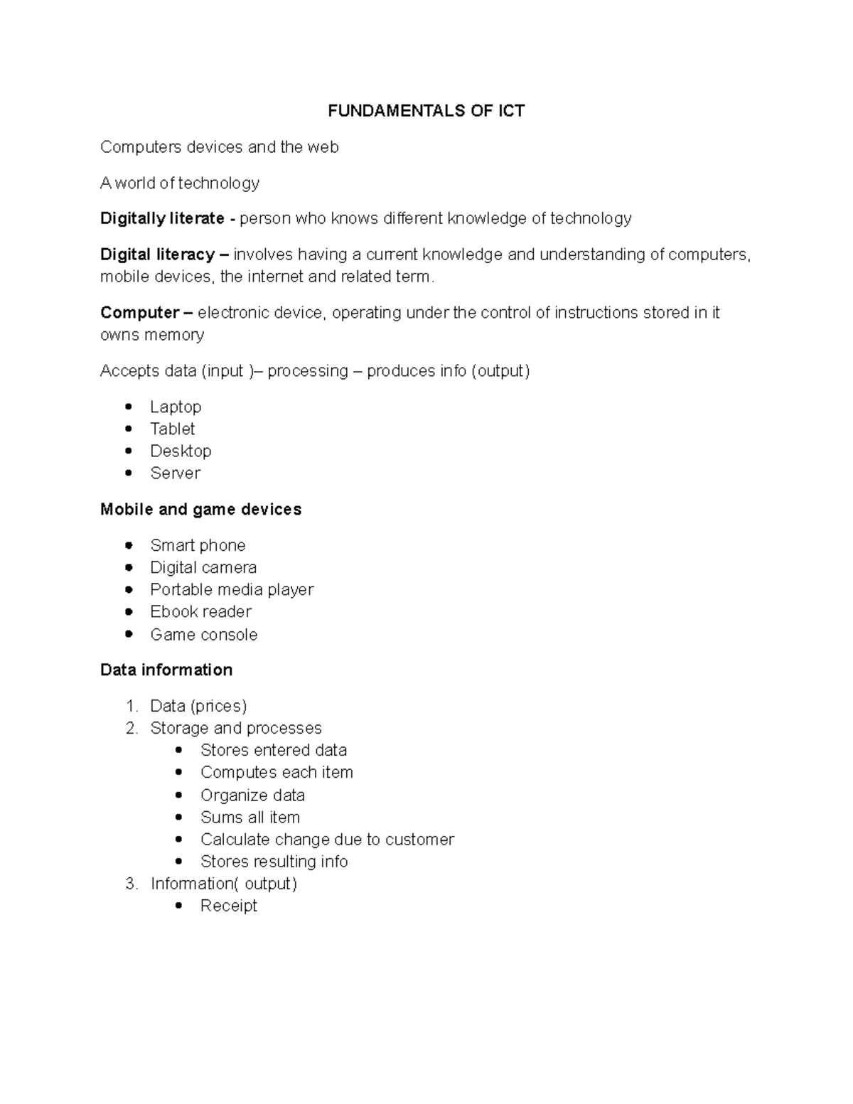 Fundamentals OF ICT Reviewer - FUNDAMENTALS OF ICT Computers devices and the web A world of ...