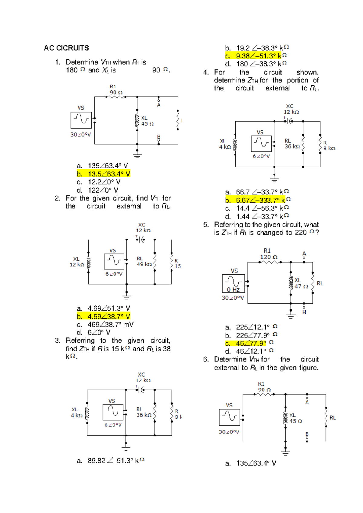 Inductor and AC Circuit Practice Questions (Course Code: AC 101) - Studocu