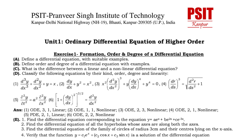 Unit 1: Ordinary Differential Equations (BAS203) Comprehensive Notes ...