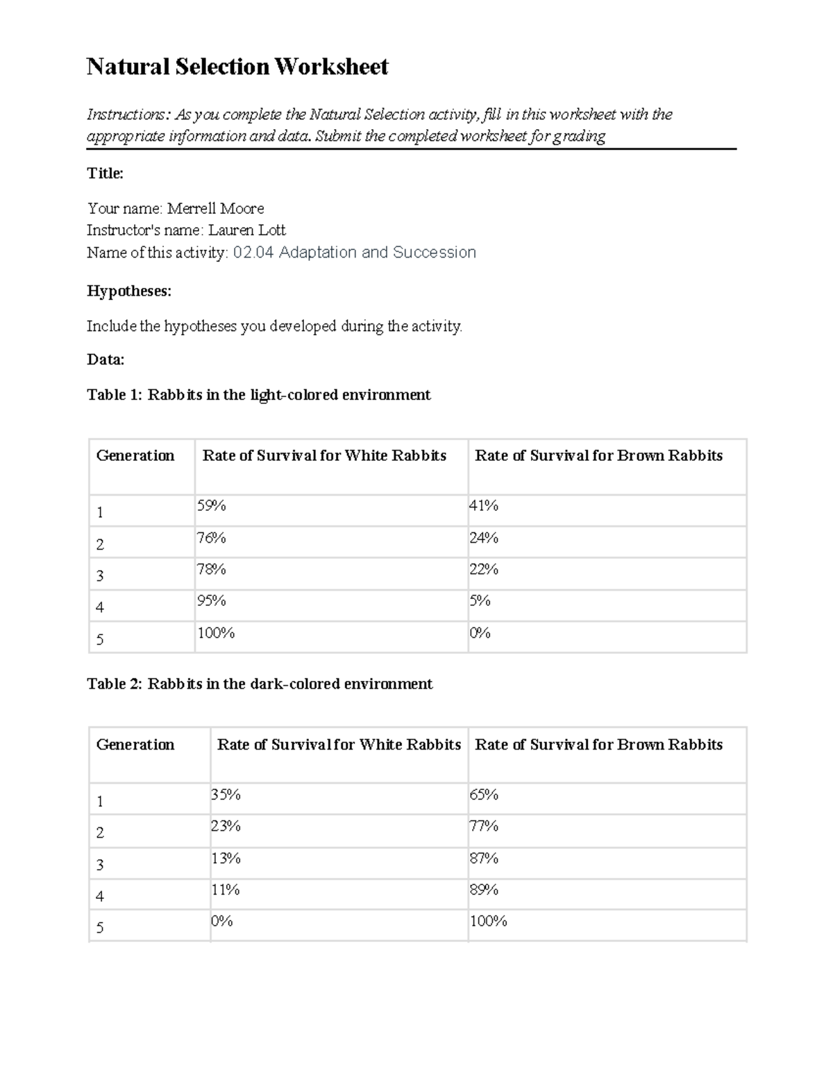 Natural Selection Worksheet: 02.04 Adaptation & Succession Analysis ...