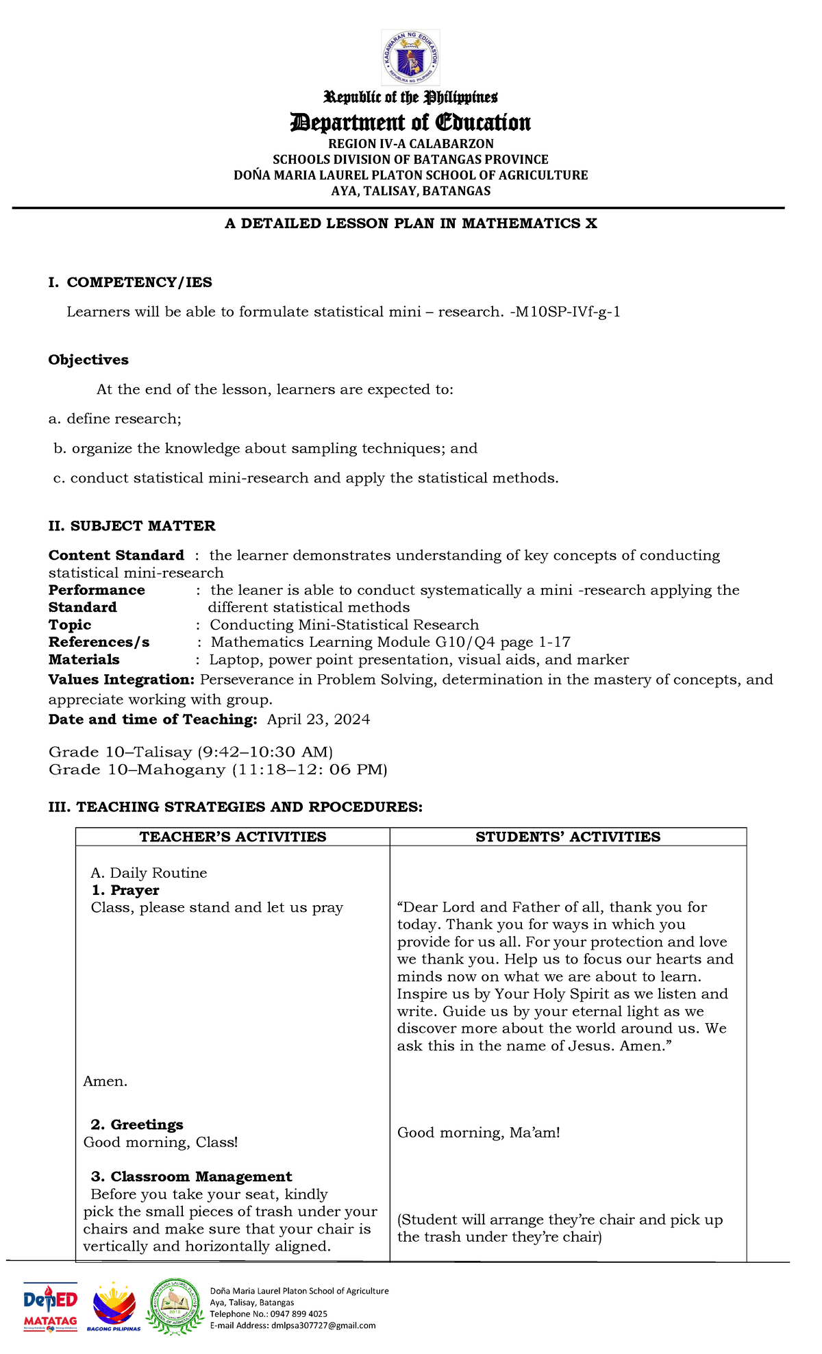 Lesson Plan on Conducting Mini-Statistical Research - Math X (M10SP-IVf ...