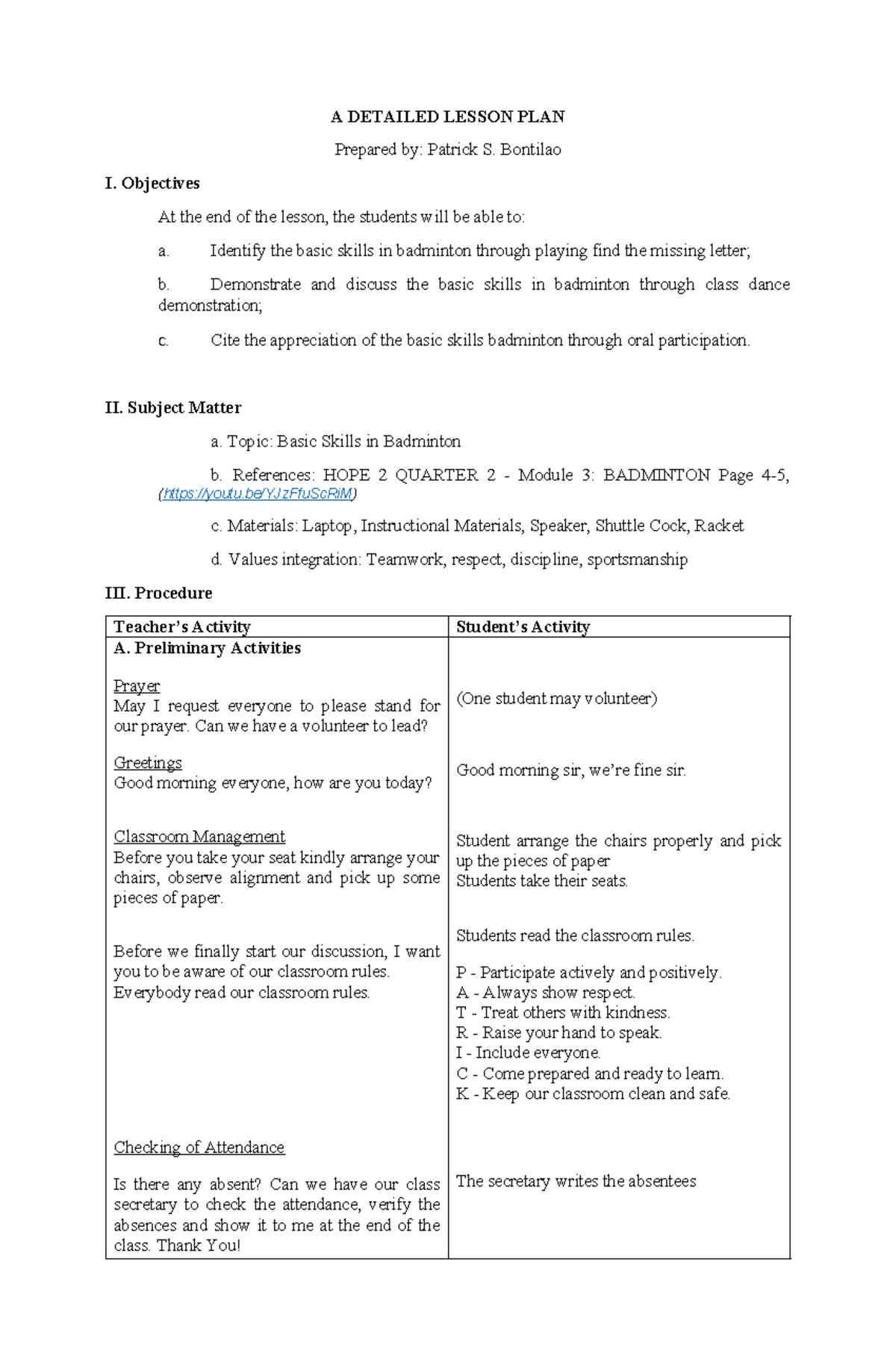 4AS-LESSON PLAN: Basic Skills in Badminton - Studocu
