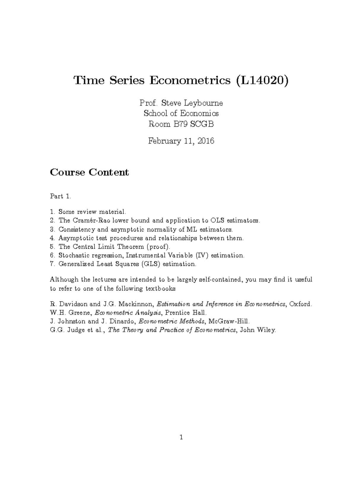 Time Series notes - Time Series Econometrics (L14020) Prof. Steve ...