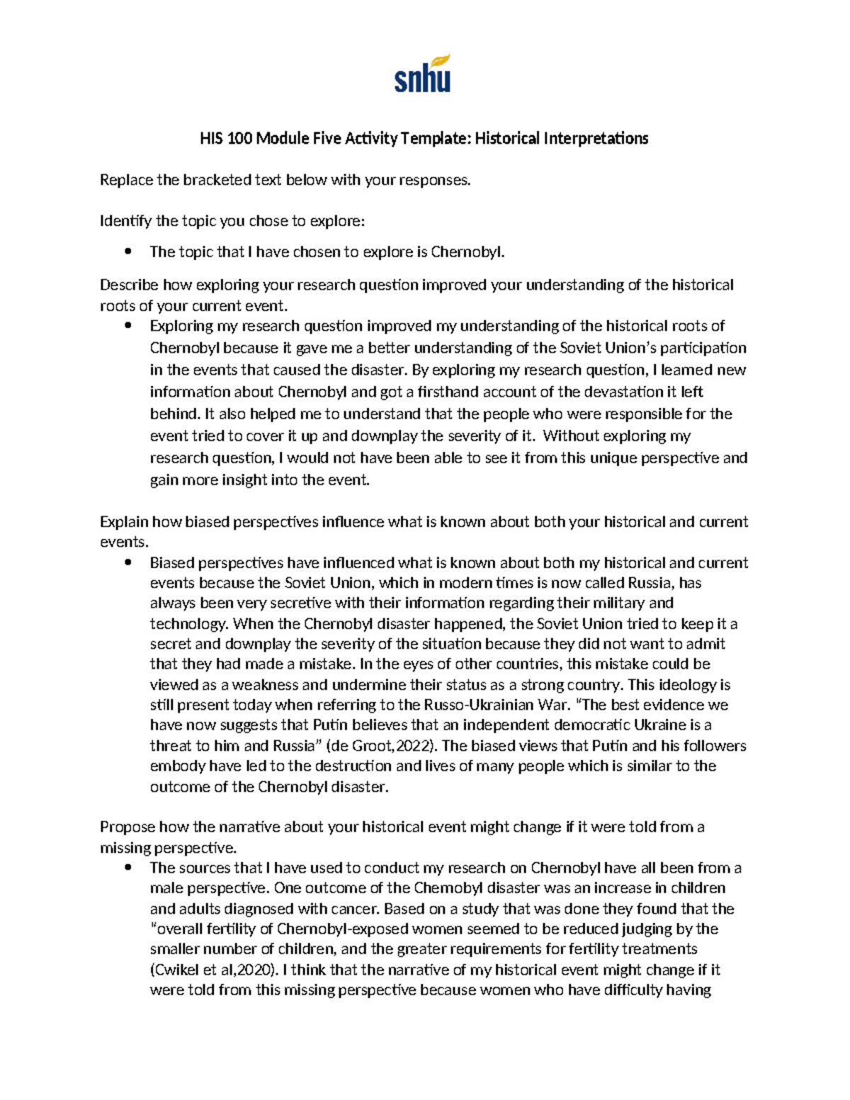 HIS 100 Module One Activity: Exploring the Chernobyl Disaster - Studocu