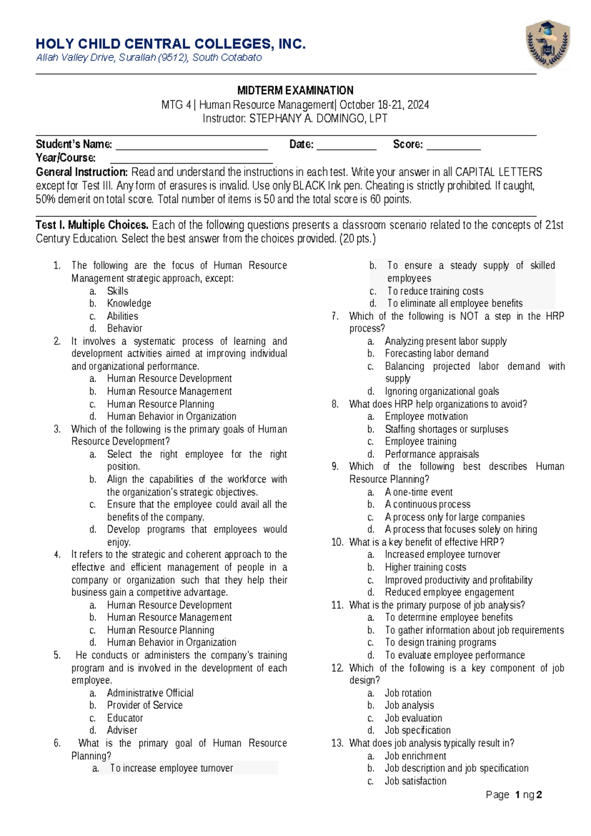 HRM-Exam: Midterm Examination for Human Resource Management - Studocu