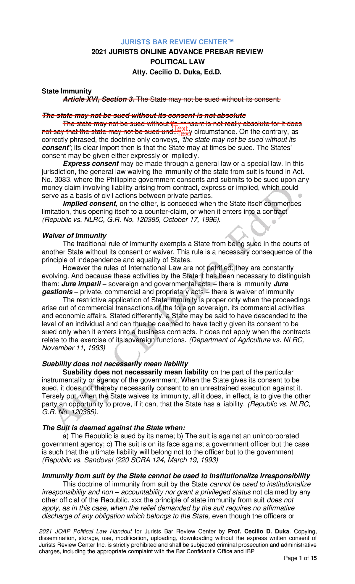 2021 JOAP Political Law Handout: State Immunity and Diplomatic ...