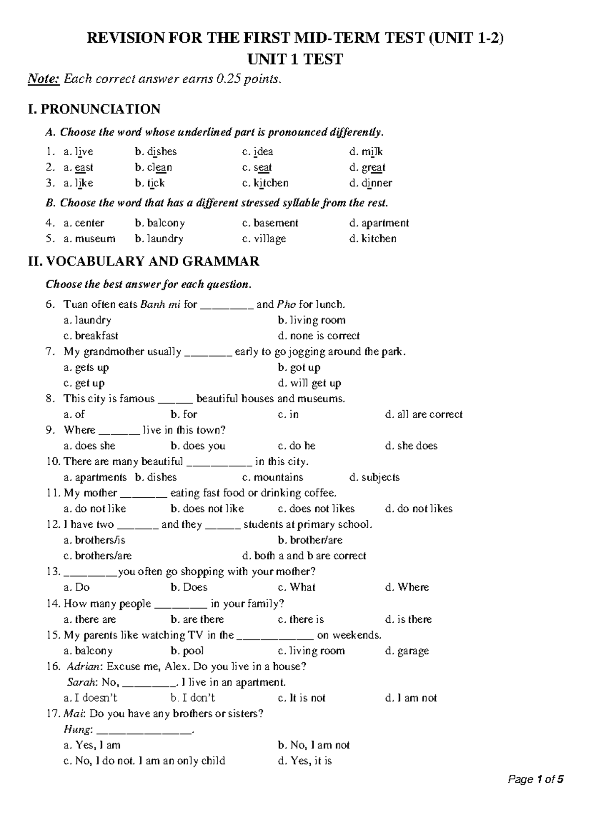 First Mid-Term Test Revision for Units 1-2 (Course Code: 111202161921 ...