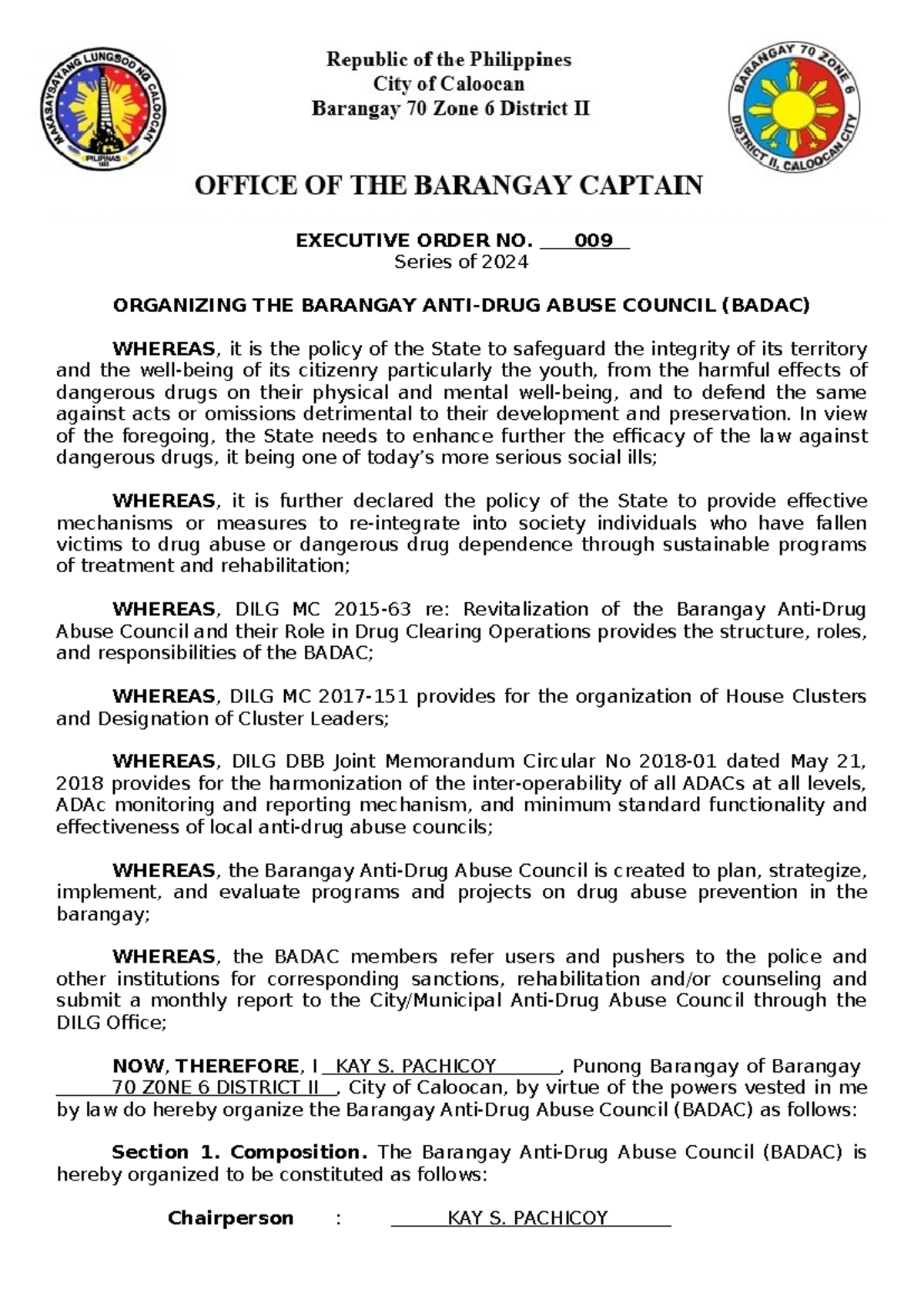 Barangay Anti-Drug Abuse Council (BADAC) Executive Order 2024 - Studocu