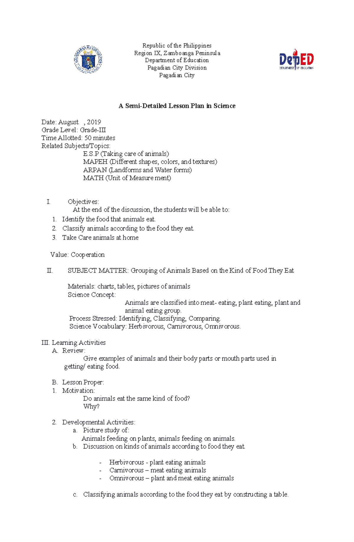 Lesson Plan in Science: Classifying Animals by Diet (632864045) - Studocu