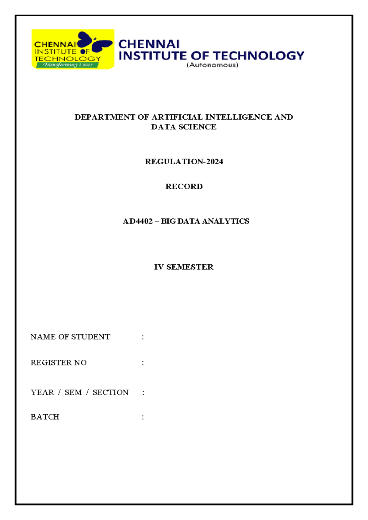 BDA LAB Manual AD4402 - Big Data Analytics IV Semester - Studocu