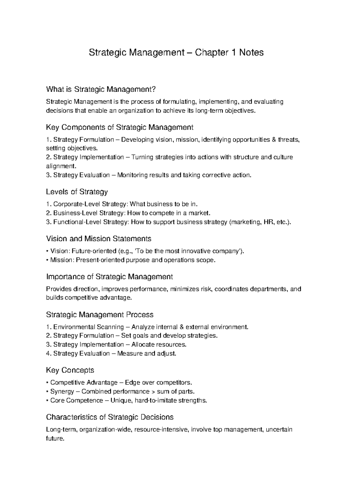 Strategic Management (SM101) Chapter 1: Key Concepts & Processes - Studocu