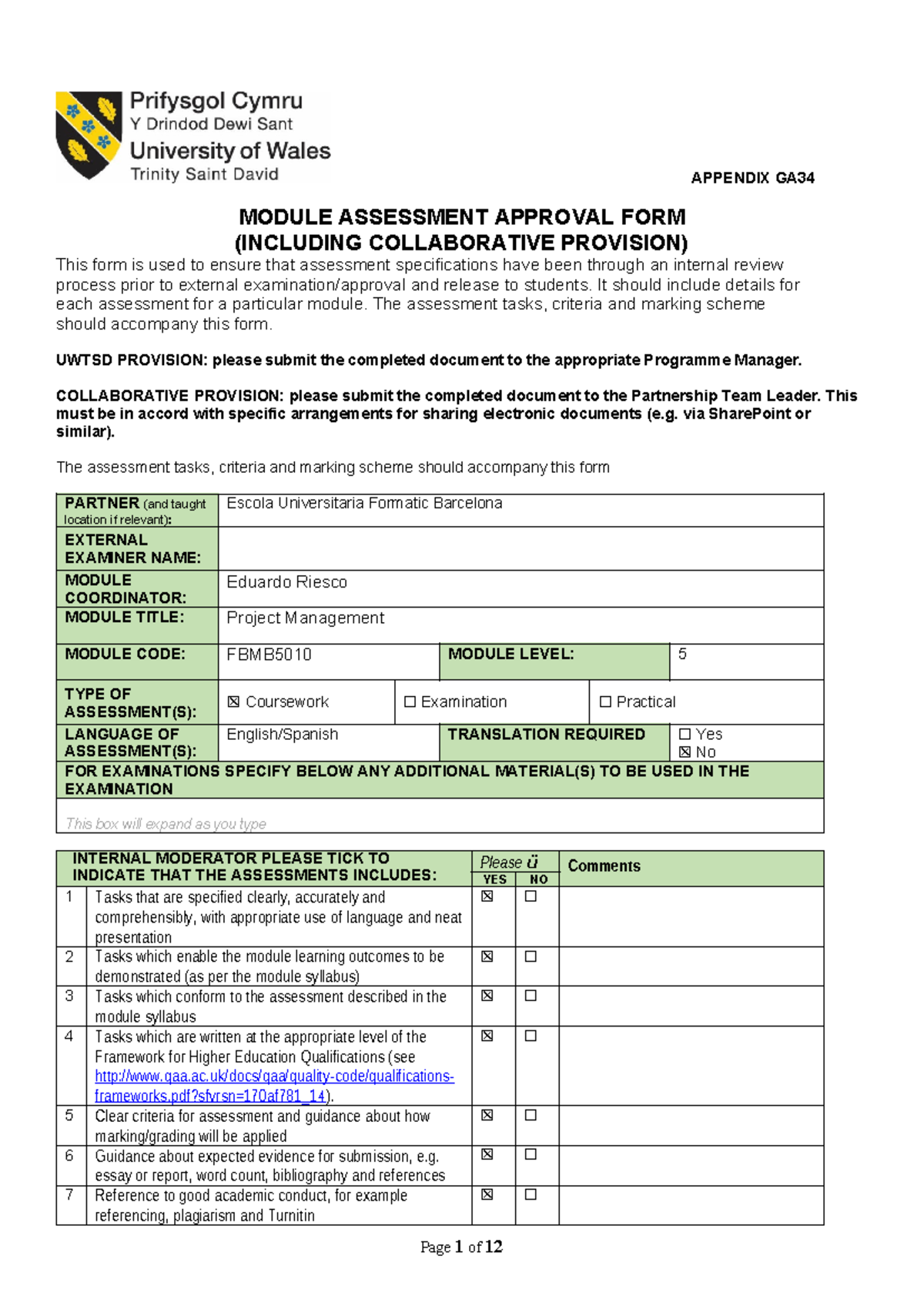 FBMB5010 Project Management Assessment Approval Form (Collaborative ...