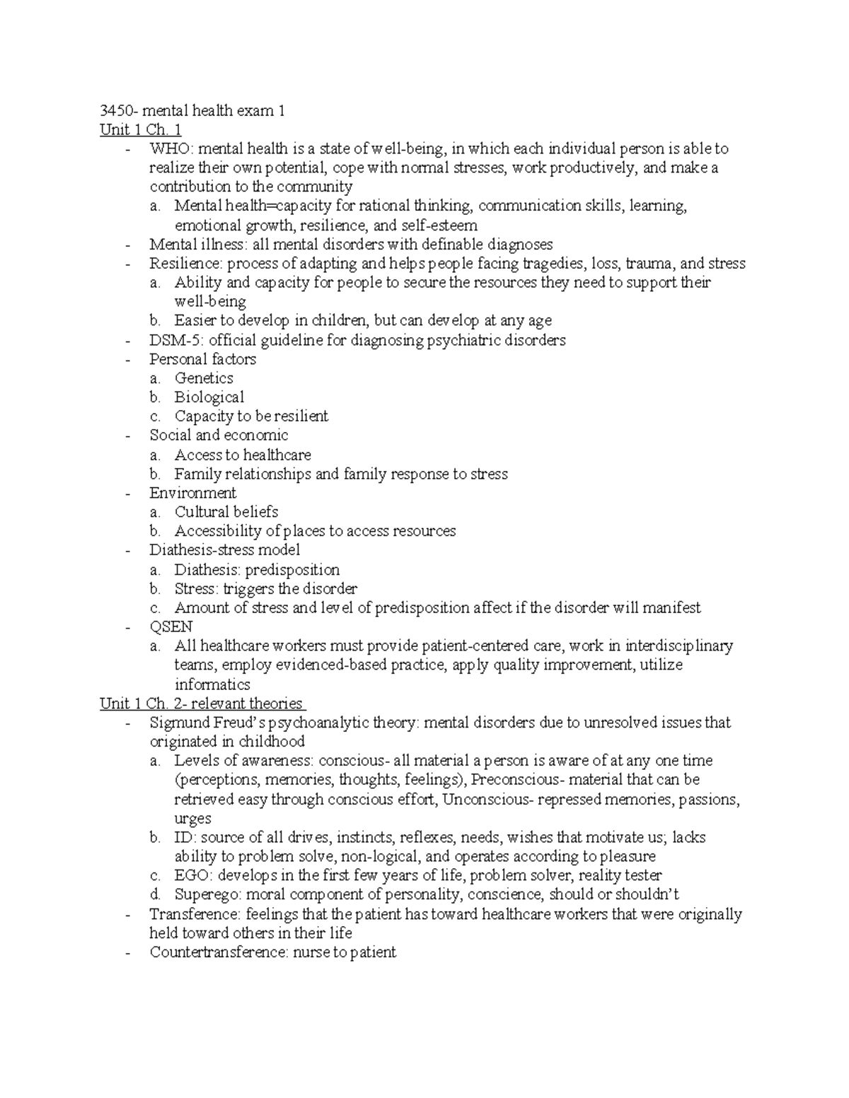 3450 Mental Health Exam 1: Unit 1 Overview and Key Concepts - Studocu