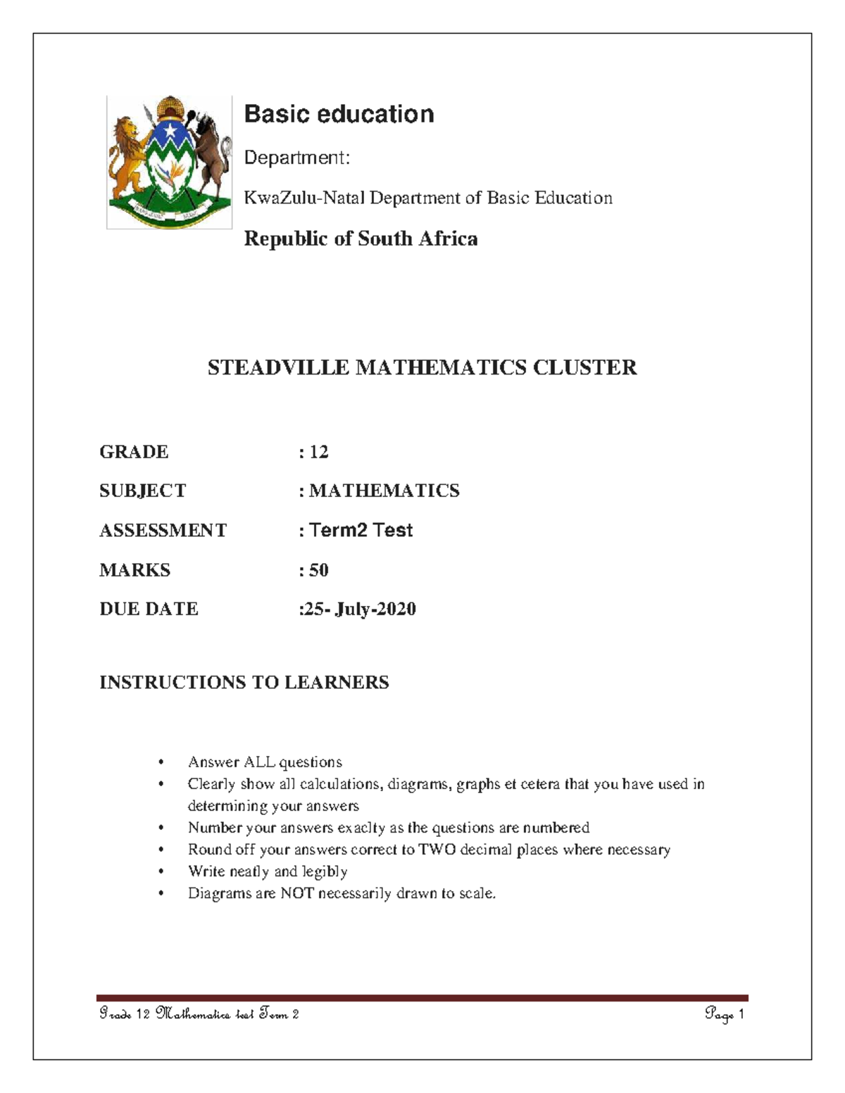 Grade 12 Mathematics Term 2 Test (STEADVILLE CLUSTER) - Studocu