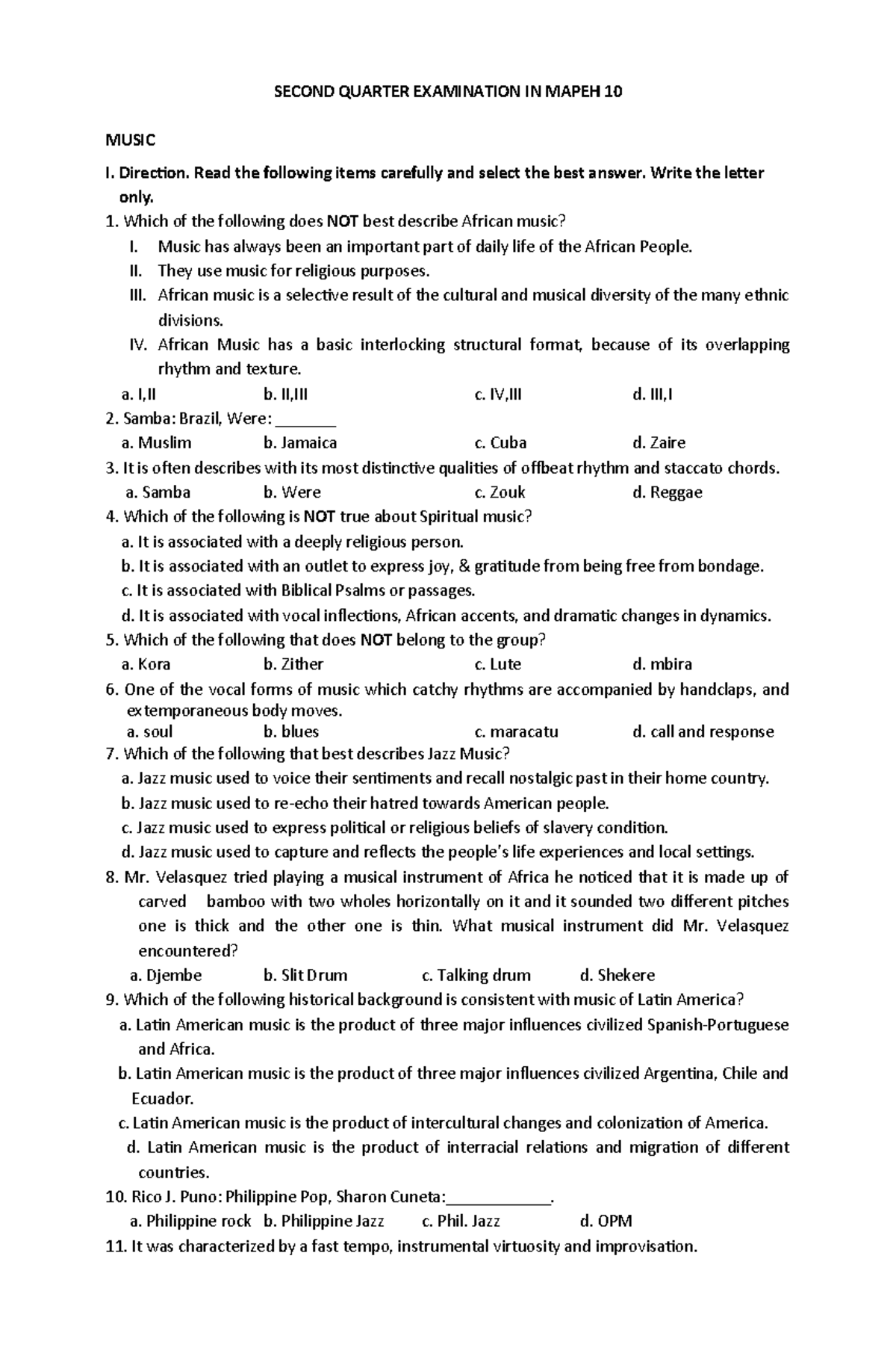 Mapeh-10-2nd-Qtr-Exam-with-Answer-Key-Complete-Guide - Studocu