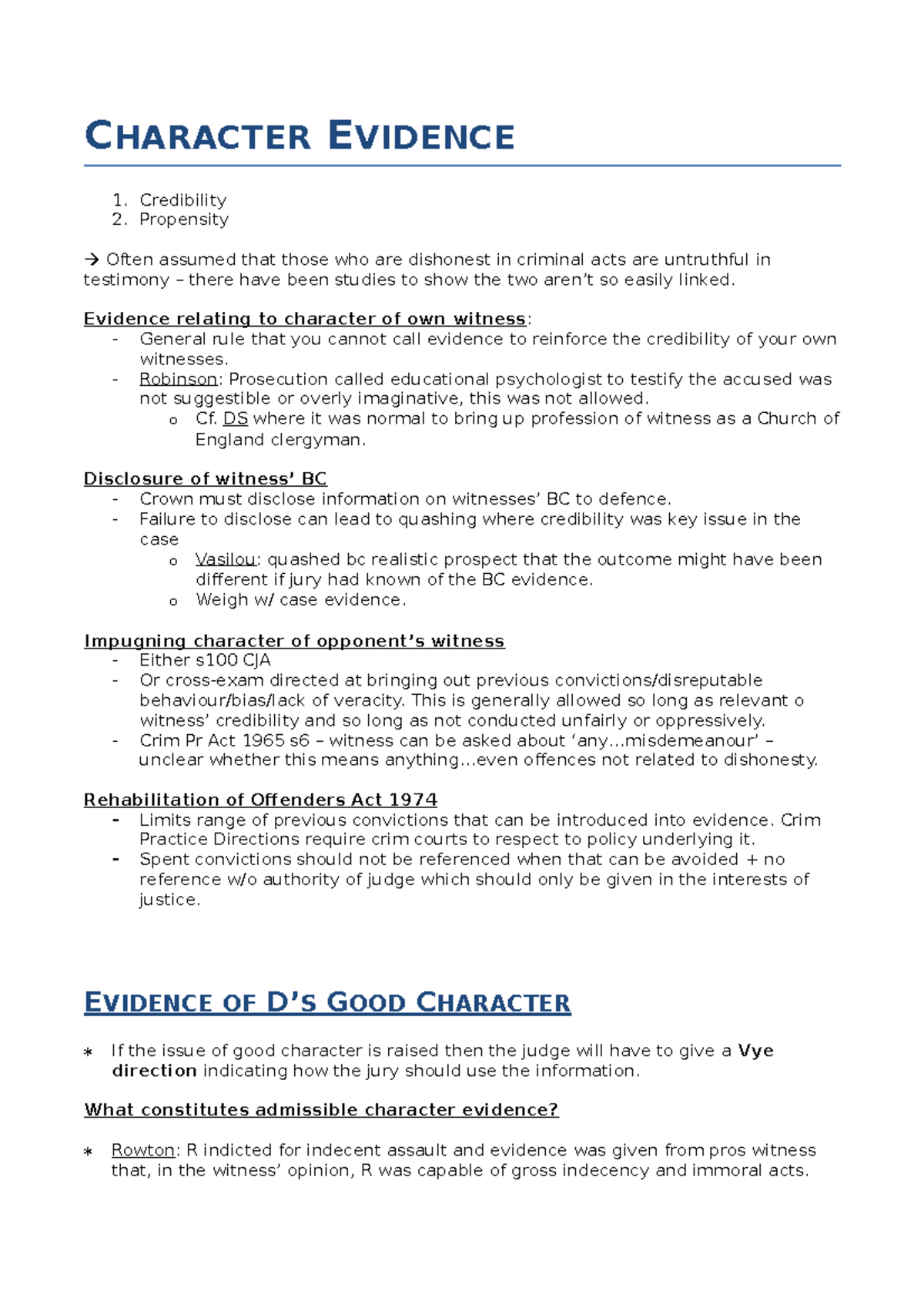 Character Evidence - Lecture Notes 3: Understanding Admissibility and ...