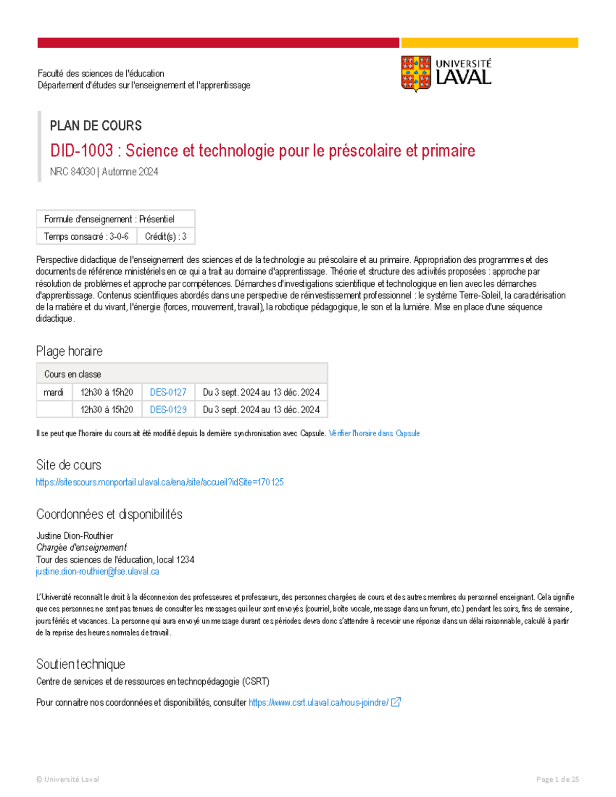 DID-1003 A24 84030 - Plan de cours pour l'enseignement S&T en primaire - Studocu
