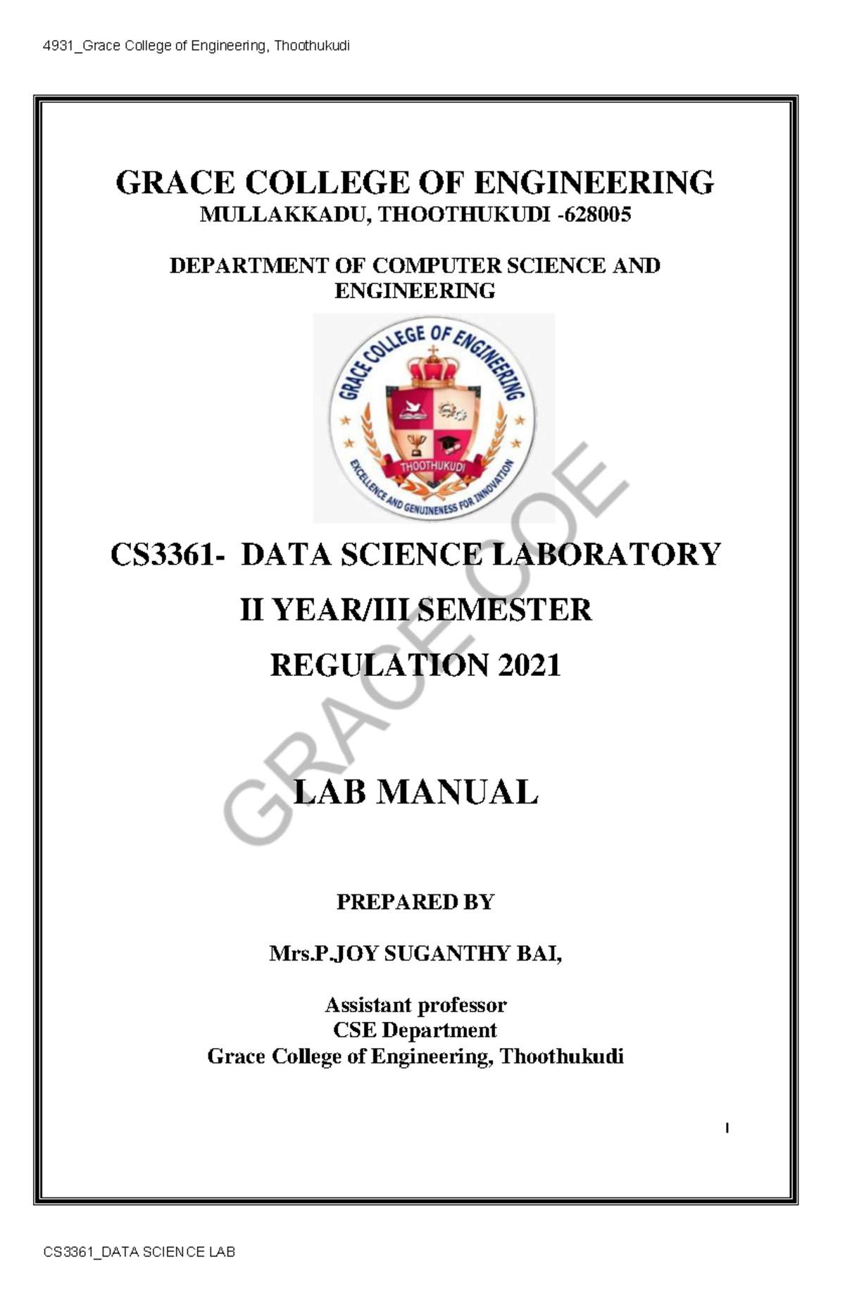 II CSE CS3361 Data Science Laboratory Lab Manual - Studocu