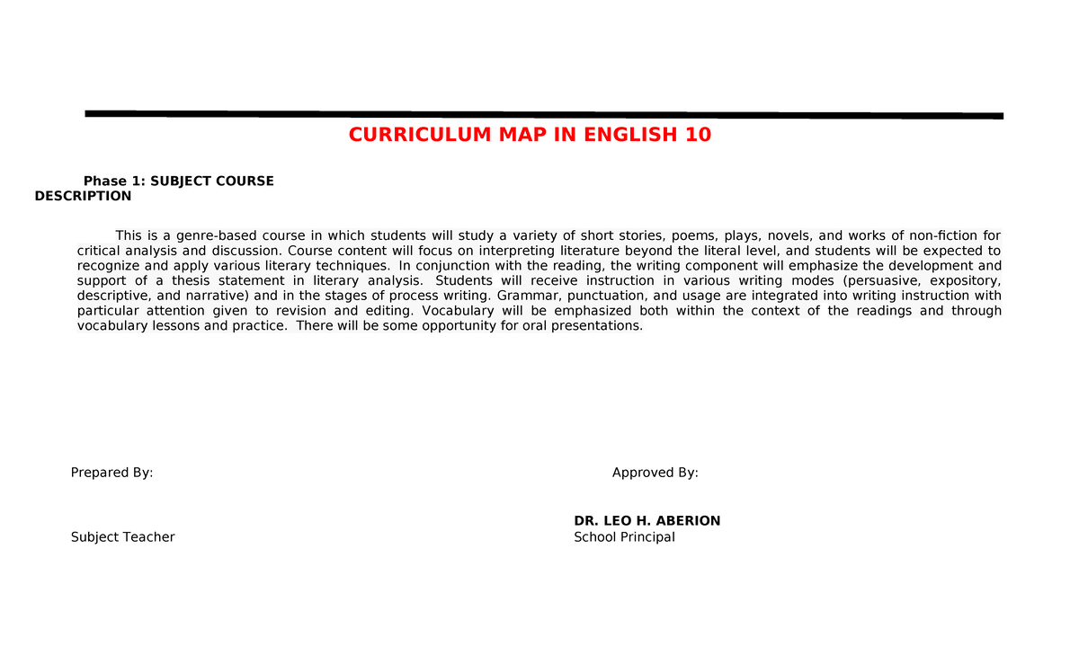 Curriculum Map for English 10: Genre Study and Literary Analysis - Studocu