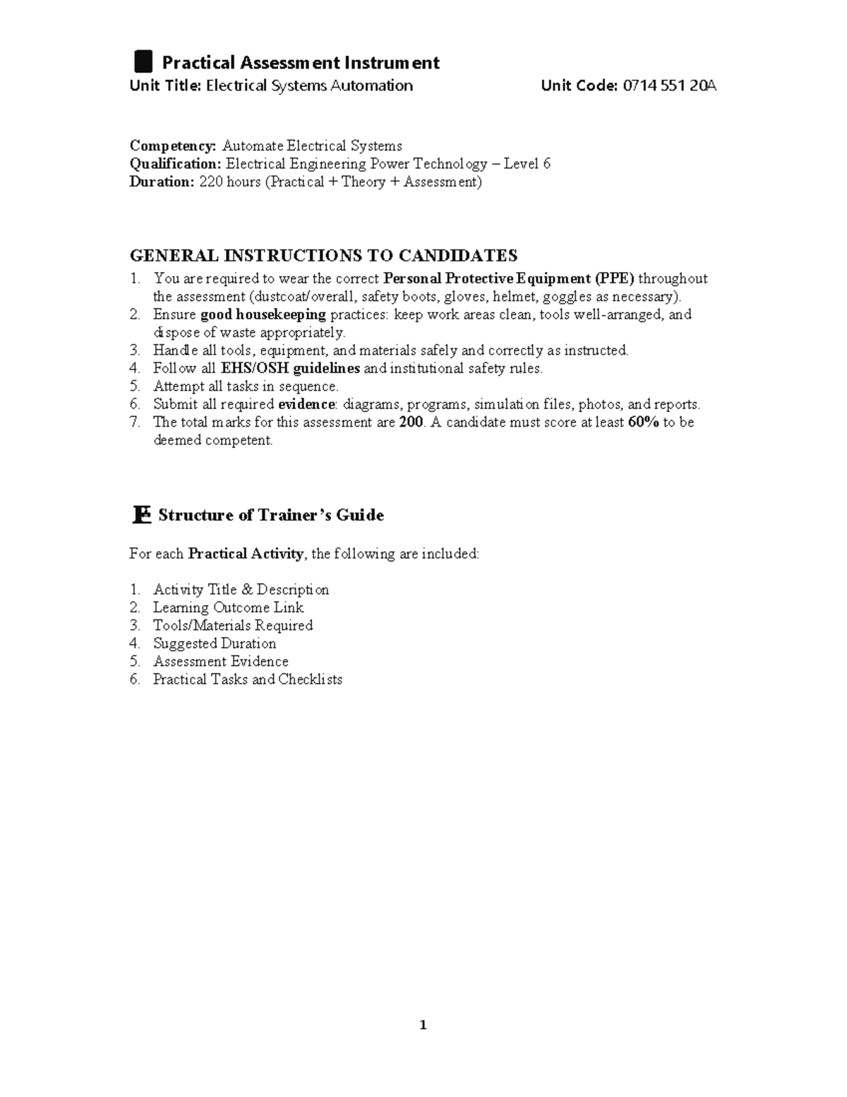 Activity 1 - Automate Electrical Systems (0714 551 20A) - Studocu