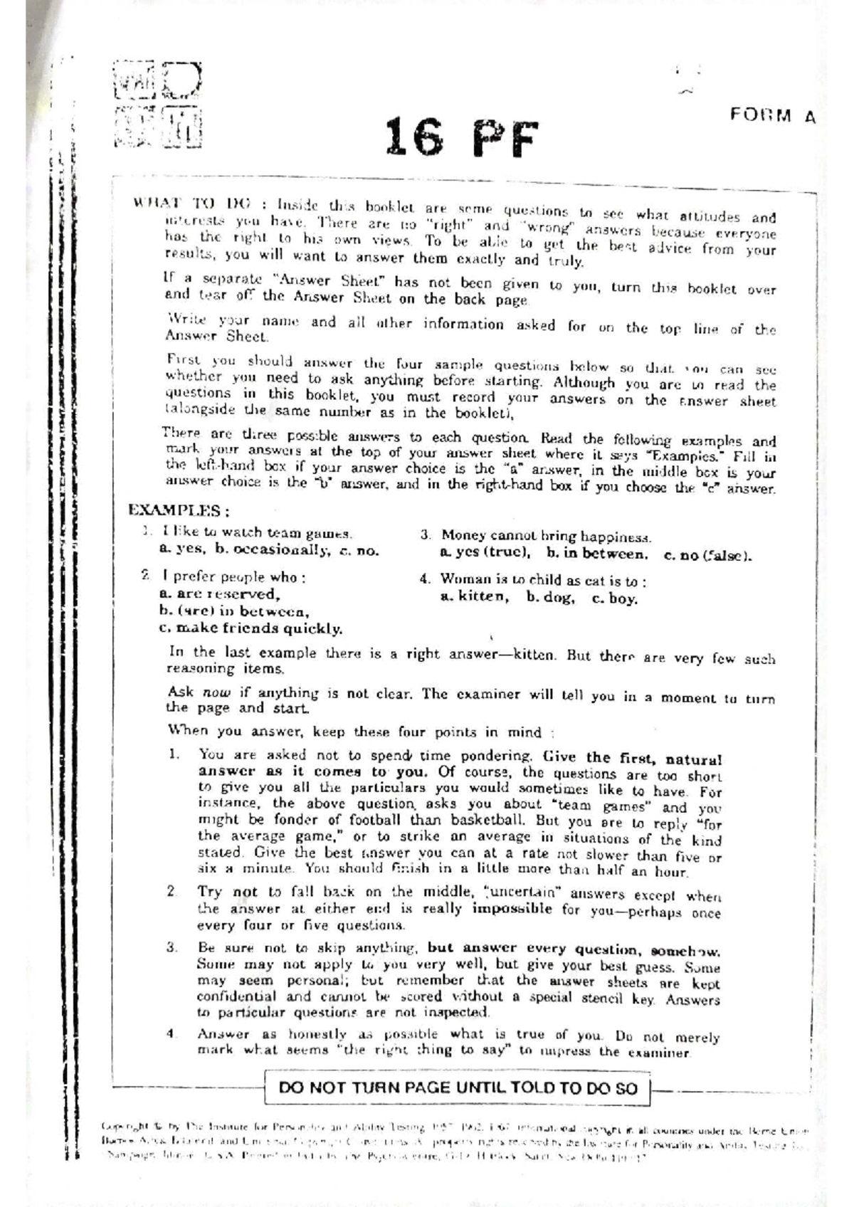 Personality Test Instructions and Answer Sheet - BPCC 103 - Studocu