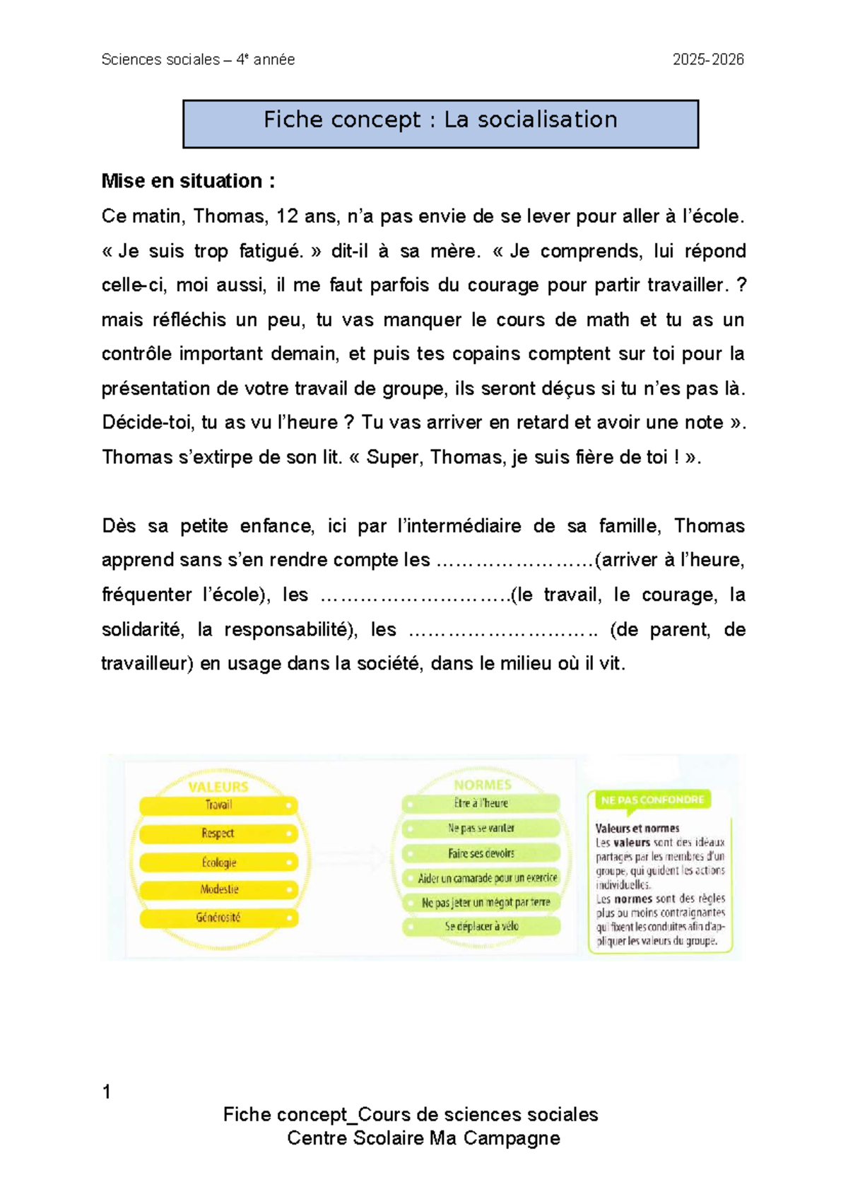 Sciences sociales 4e année : Fiche Concept sur la Socialisation - Studocu