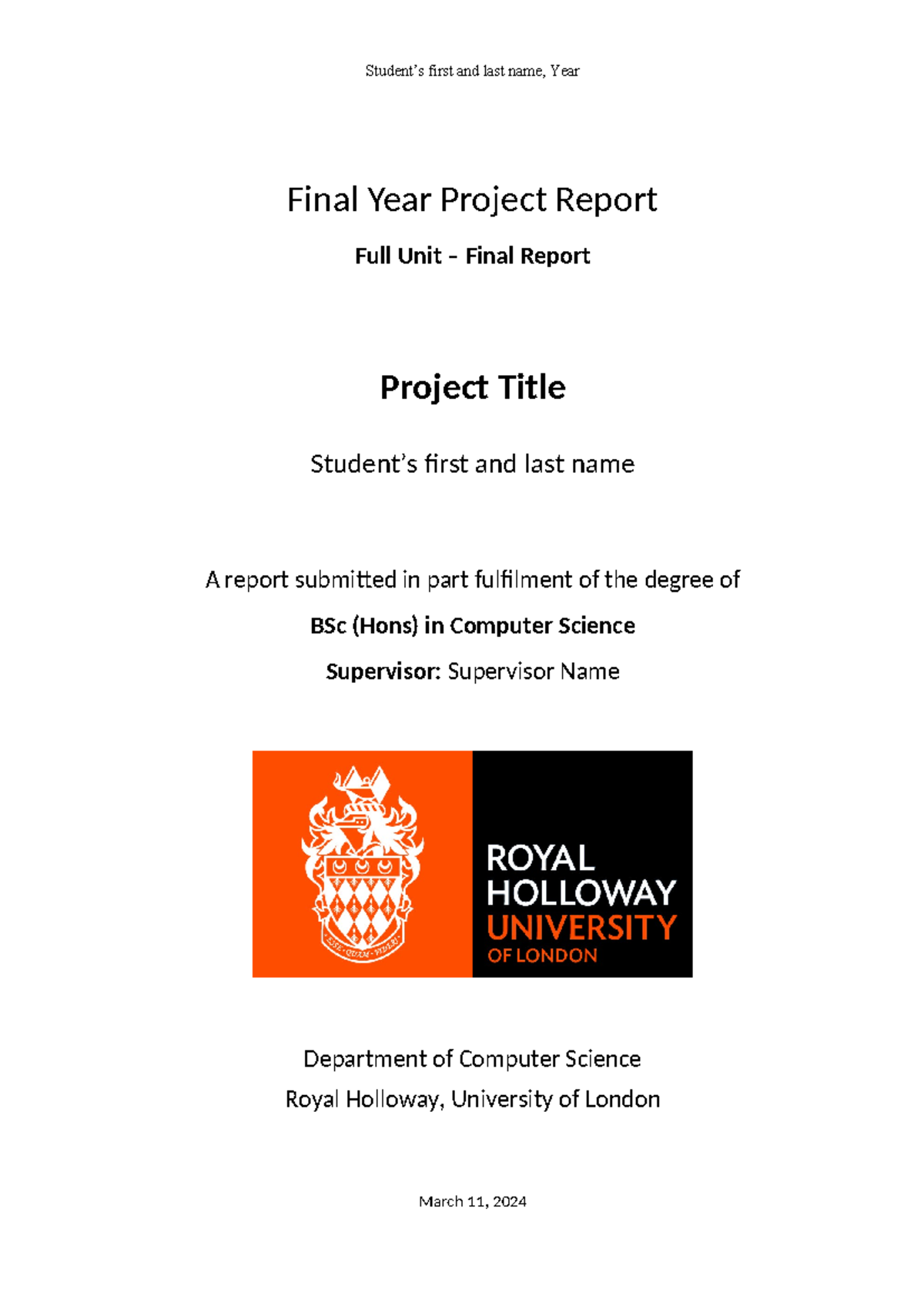BSc Final Year Project Report Template (Comp Sci) - Studocu