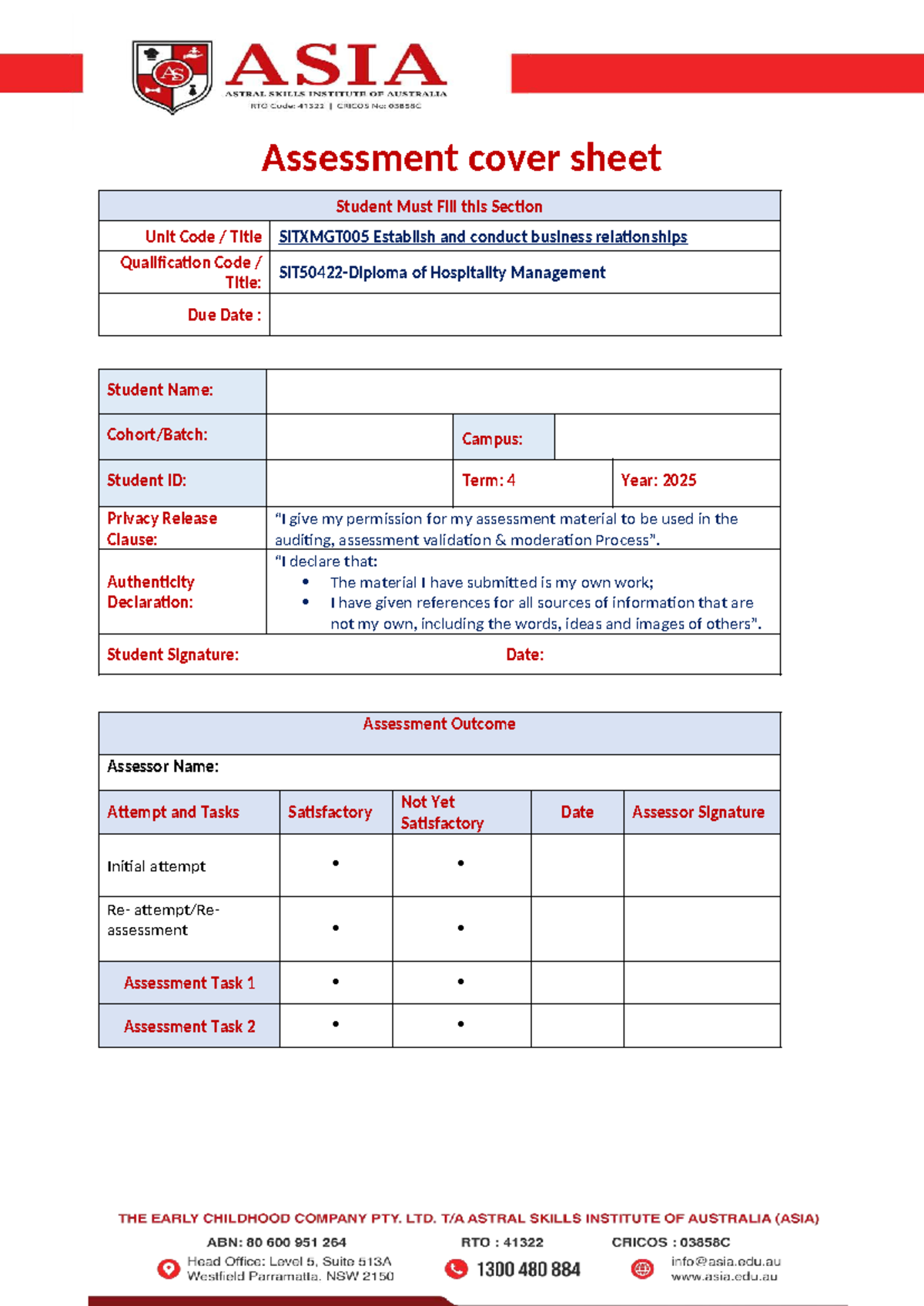 SITXMGT005 Assessment Cover Sheet and Task Guidelines - Studocu