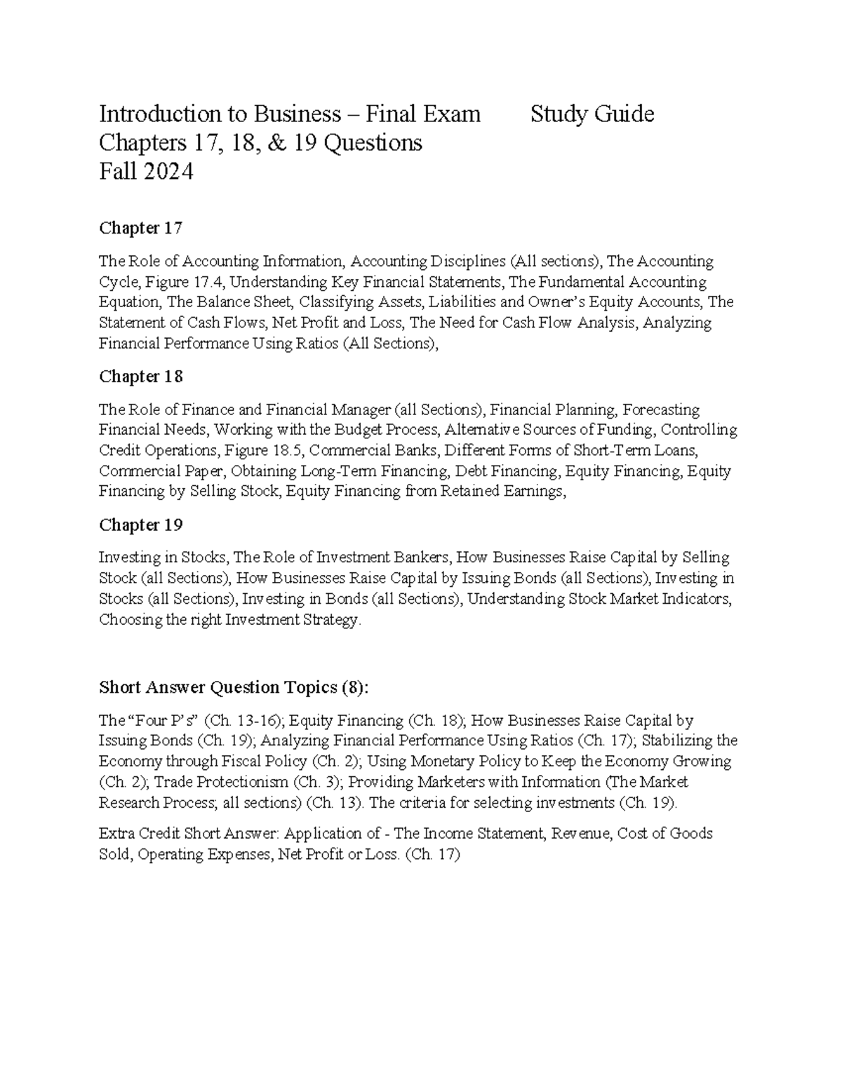 Final Exam Study Guide: Intro to Business (BUS 101) Fall 2024 - Studocu