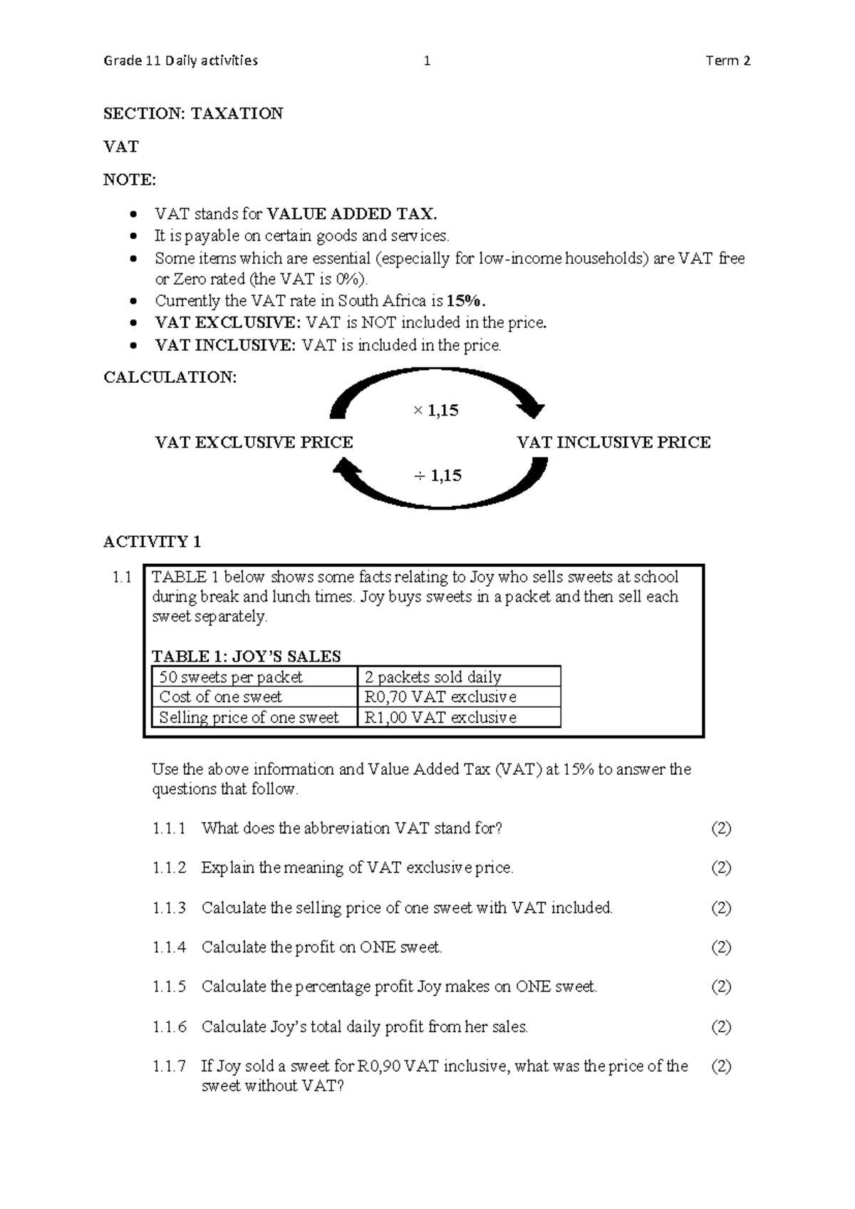 Math Lit Gr 11 Term 2 Daily Activities: Taxation & UIF Calculations ...