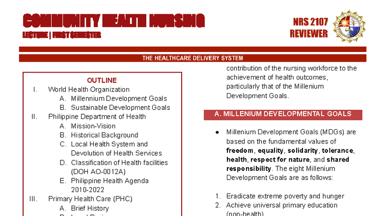 COMMUNITY HEALTH NURSING LECTURE: FIRST SEMESTER OUTLINE (CHN 101 ...