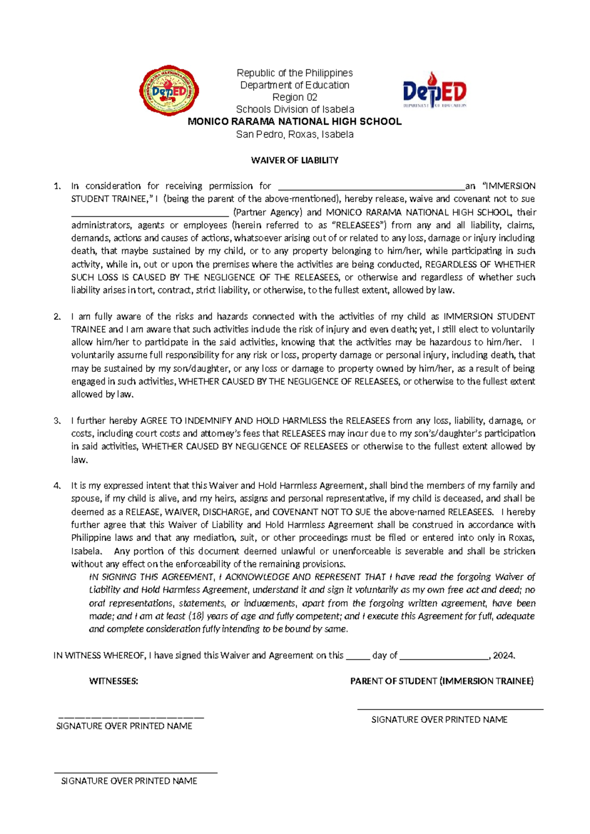 Waiver of Liability for Work Immersion SY 2025 at MRNHS - Studocu