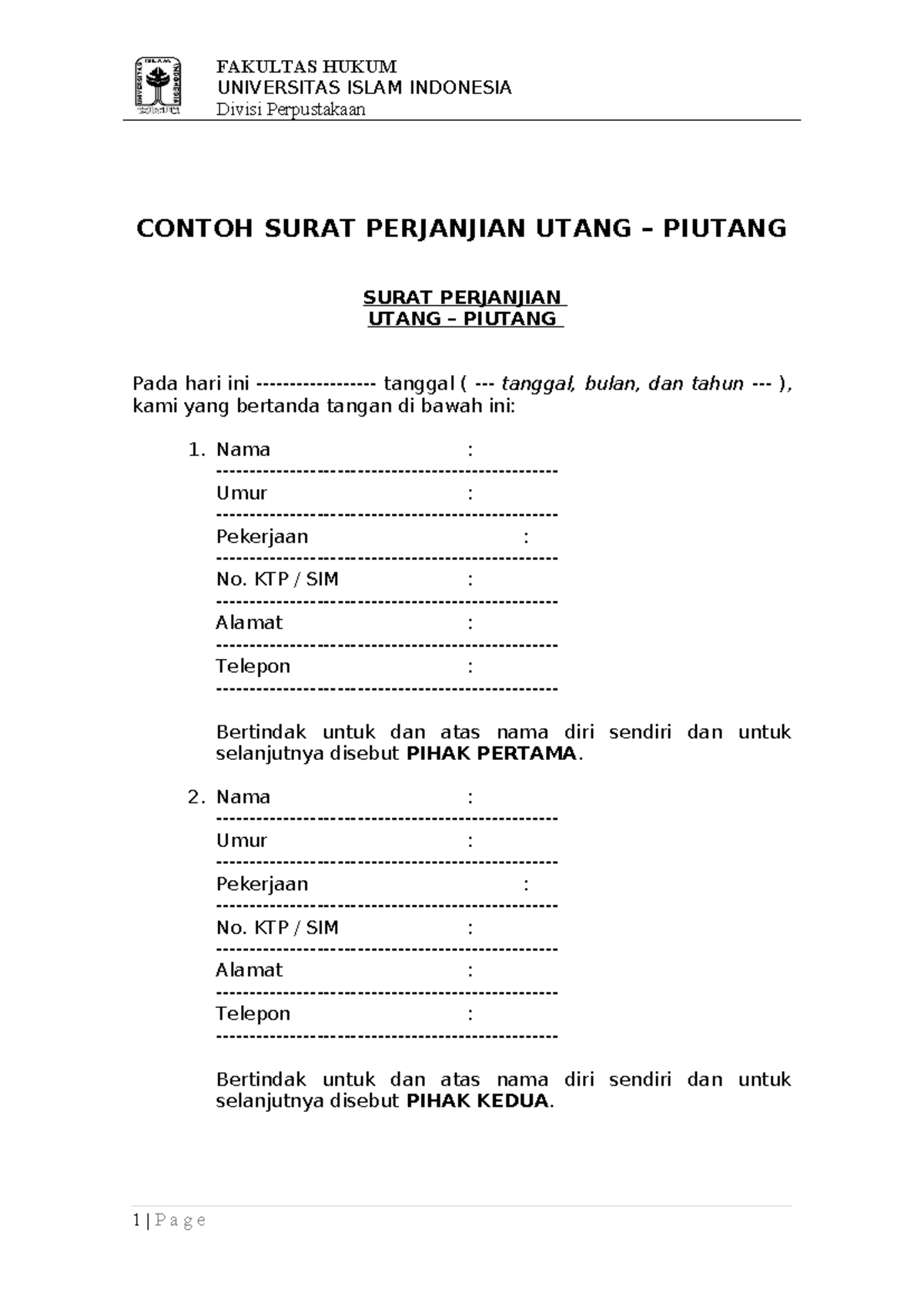 Contoh Surat Perjanjian Utang-Piutang FH-UII: Format Resmi dan Panduan ...