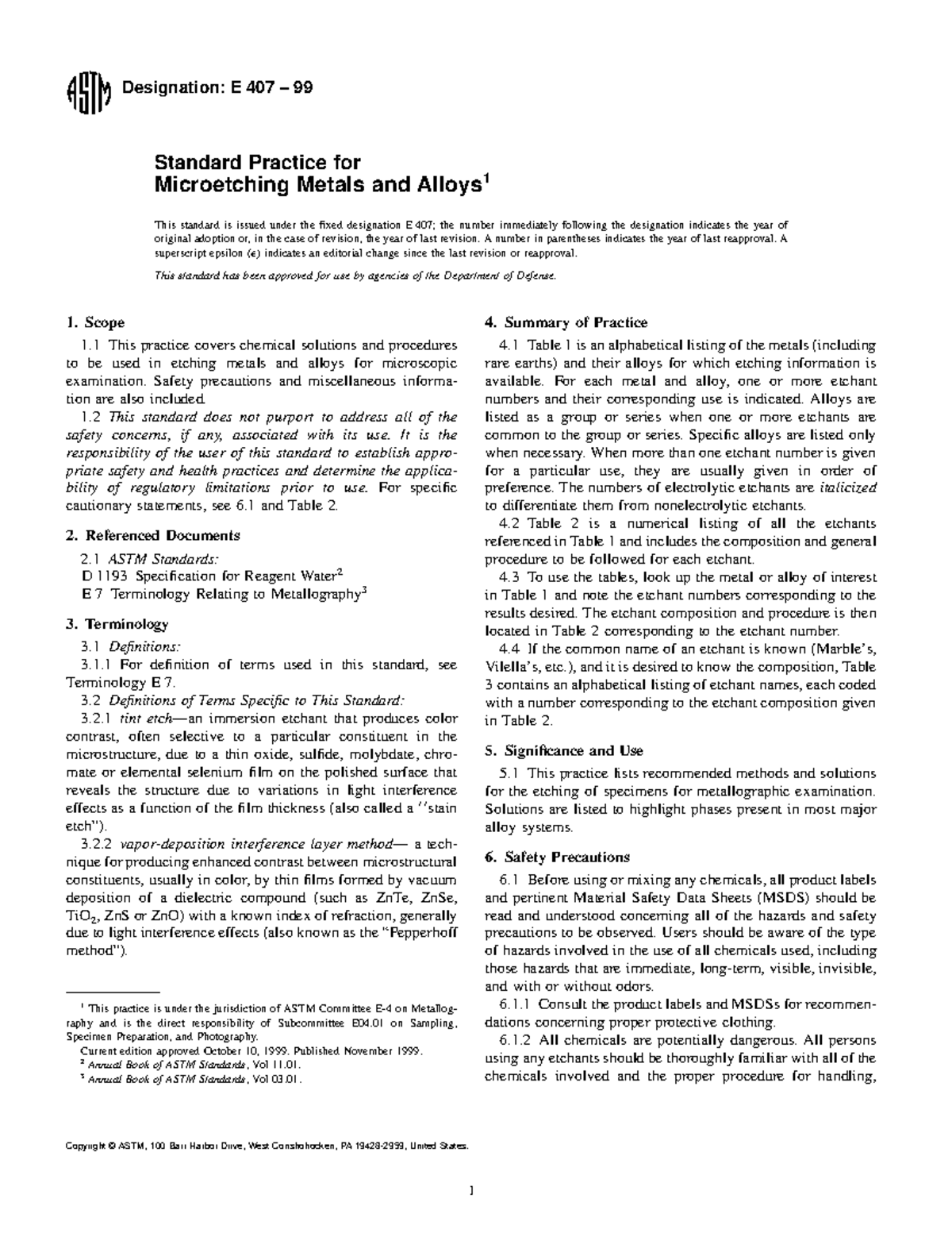 E 407 - 99 Standard Practice for Microetching Metals and Alloys - Studocu