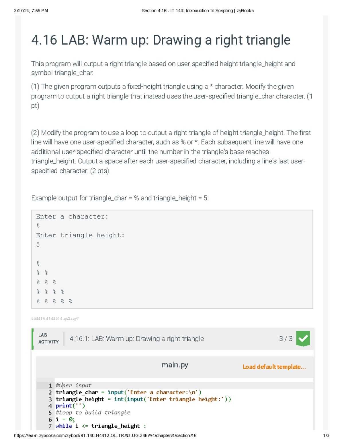 LAB 4.16 - IT 140 Right Triangle Program for User Defined Input - Studocu