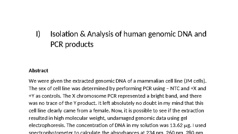Isolation Analysis of Human Genomic DNA and PCR Products (BIOL 101 ...