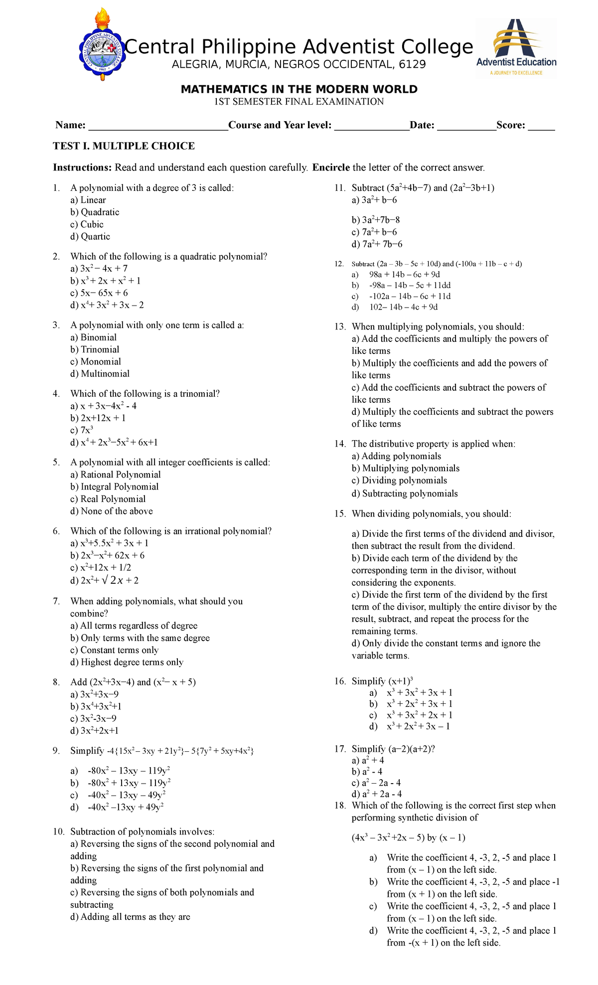 MATH IN THE Modern World- EXAM - Central Philippine Adventist College ...
