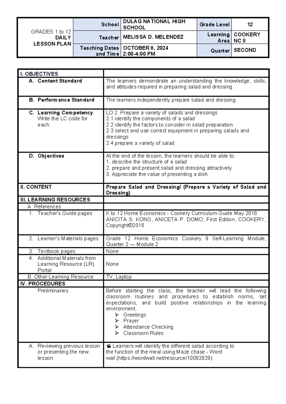 LO 2 Lesson Plan: Preparing Varieties of Salad and Dressings for Grade ...