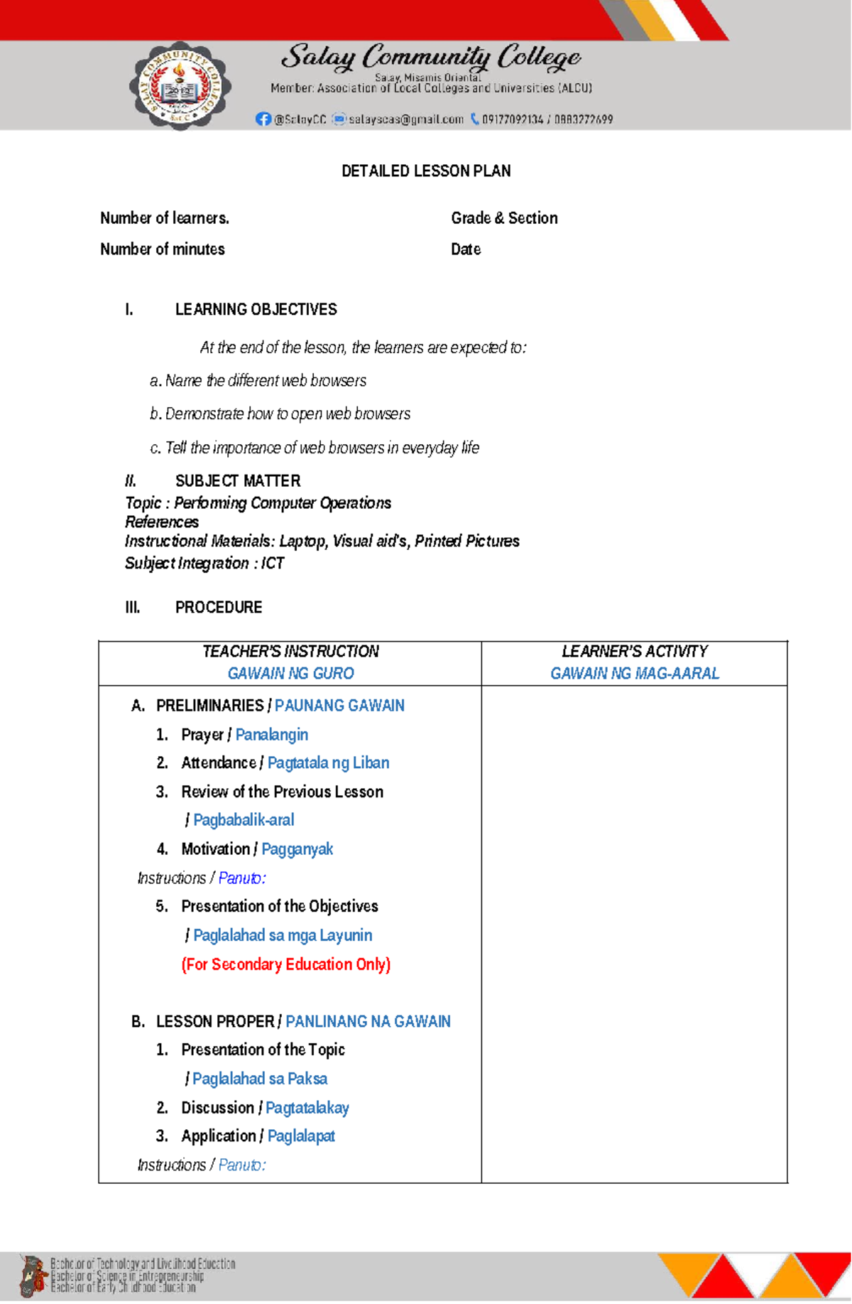 Detailed Lesson Plan on Web Browsers for ICT Class - Studocu