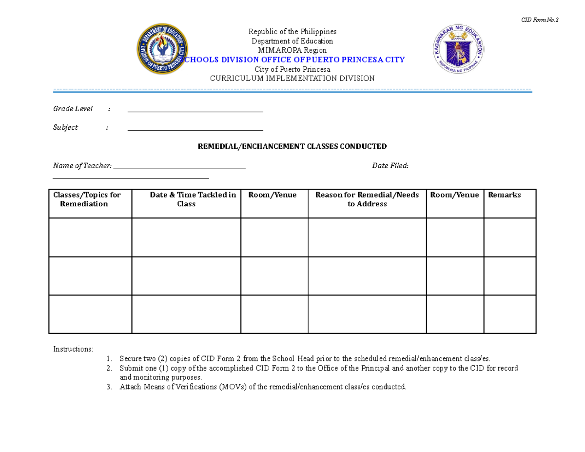 Remedial-classes - template - Republic of the Philippines Department of Education MIMAROPA ...