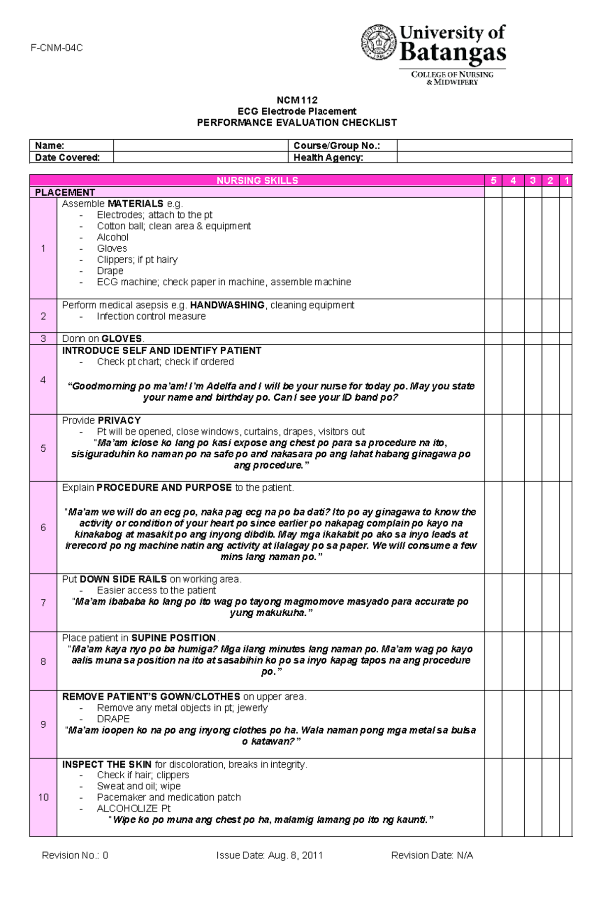 F-CNM-04C: ECG Electrode Placement Performance Checklist - Studocu