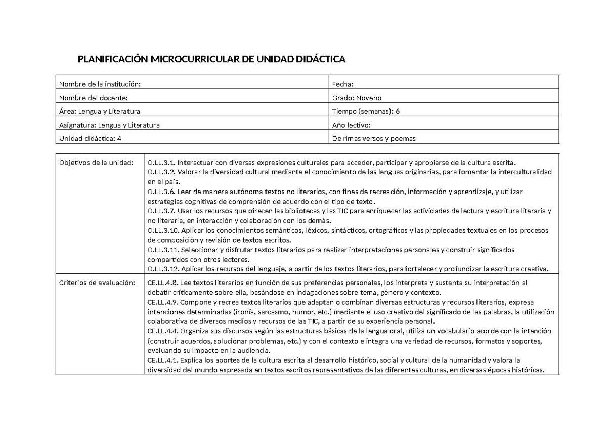Planificación Microcurricular Unidad Didáctica LL.4 - Lengua y Literatura - Studocu
