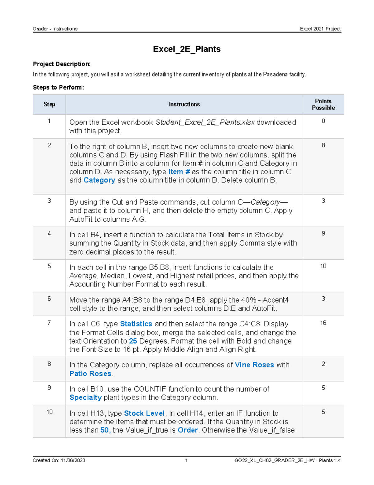 Excel 2E Plants Project Instructions - Grader GO22_XL_CH02_GRADER - Studocu