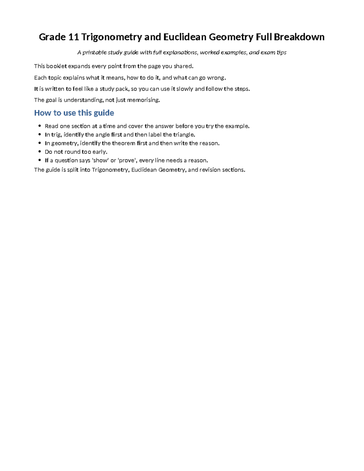 Grade 11 Trigonometry & Euclidean Geometry Study Guide - Studocu