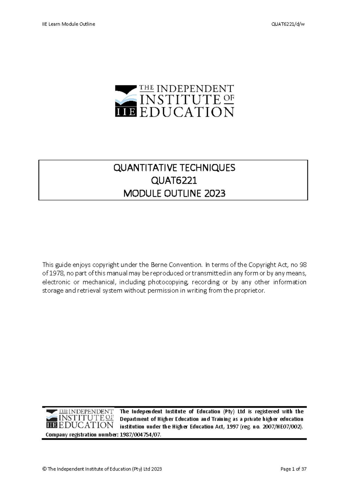 QUAT6221 MO - Outline of quantitative techniques - QUANTITATIVE ...