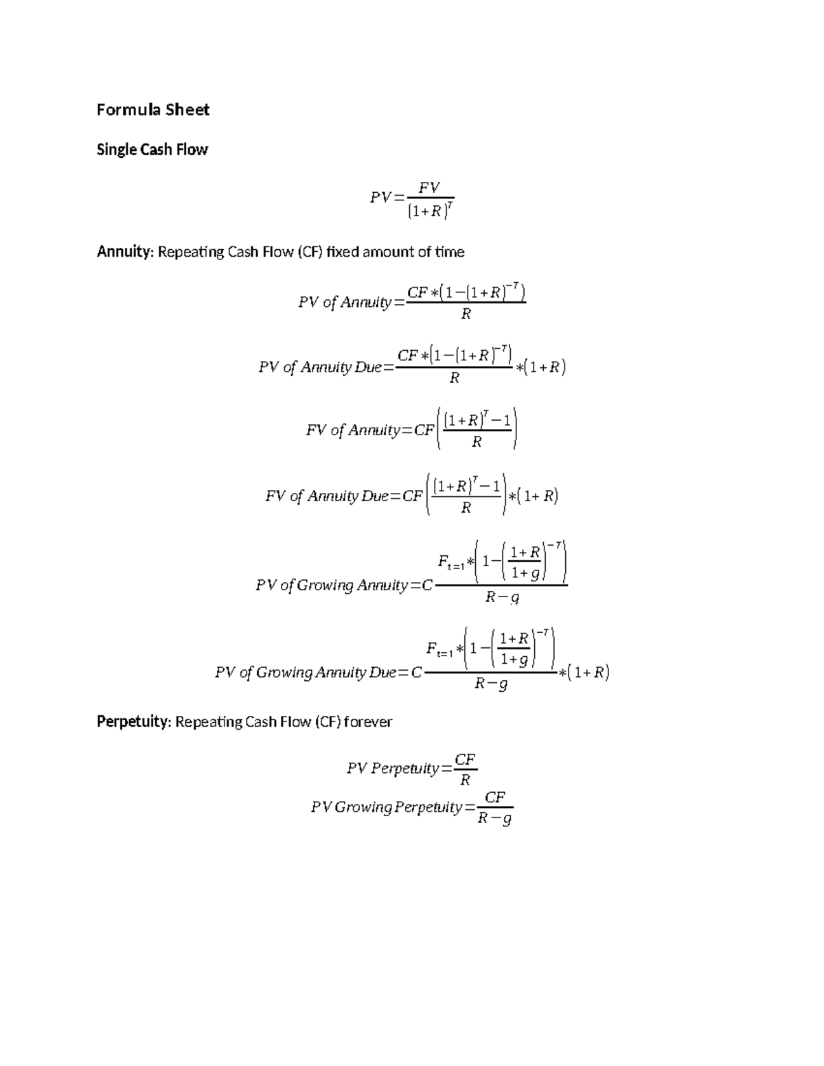 Basic Formula Sheet for PV, FV, and Annuities (Finance 101) - Studocu