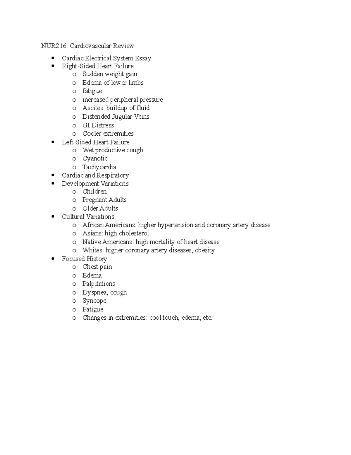 NUR216: Comprehensive Cardiovascular System Review Notes - Studocu