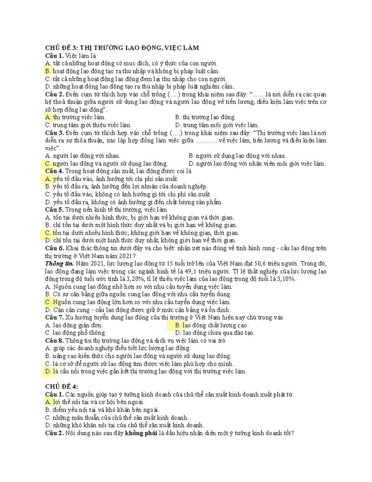 CHỦ ĐỀ 3: THỊ TRƯỜNG LAO ĐỘNG VÀ VIỆC LÀM - Câu Hỏi Ôn Tập - Studocu
