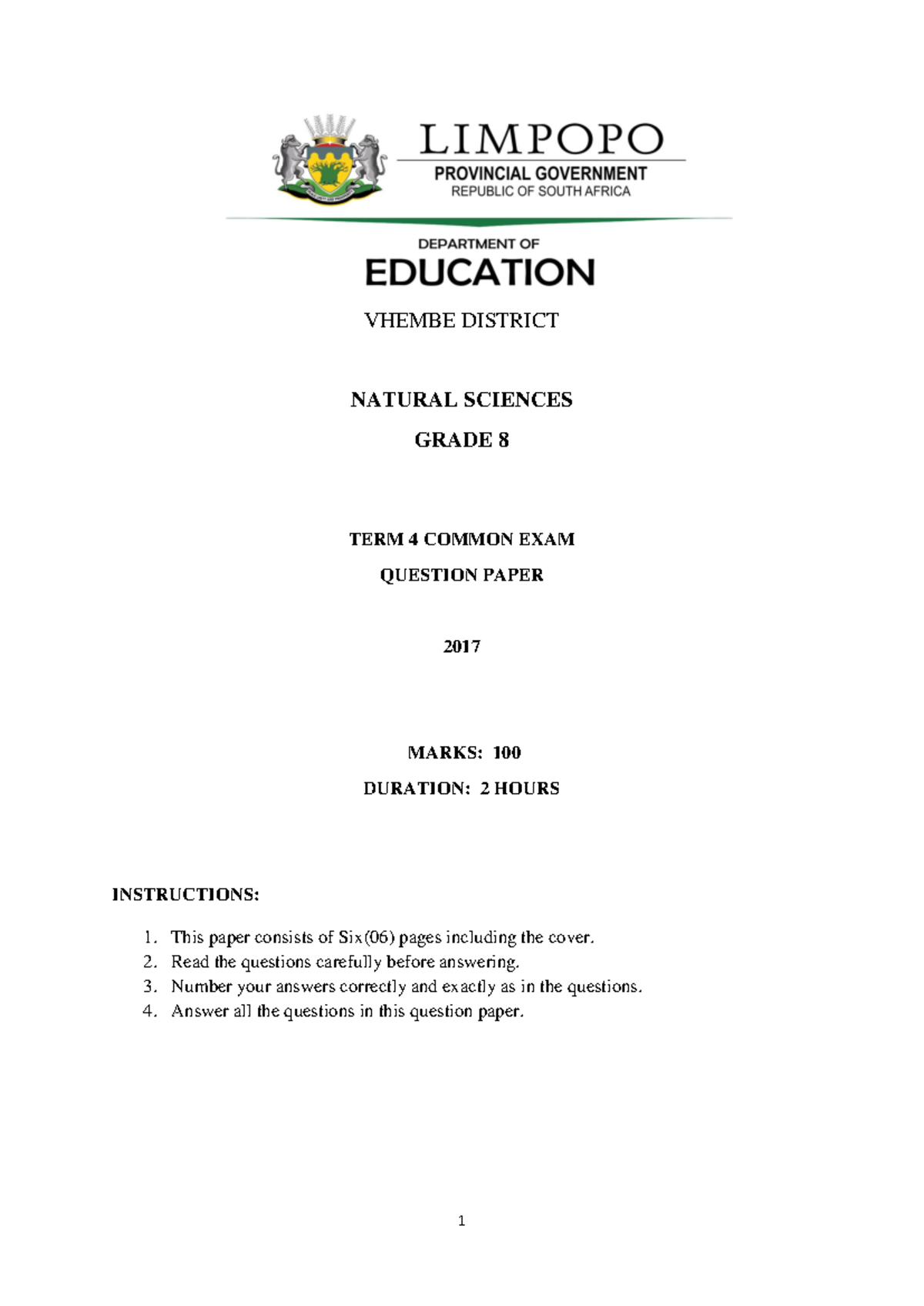 Grade 8 Natural Sciences Term 4 Exam Question Paper 2017 - Studocu