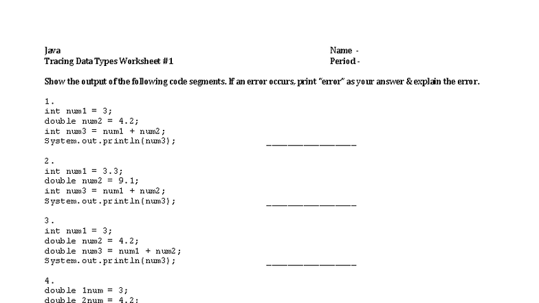 Java Tracing Data Types Worksheet #1 - Studocu